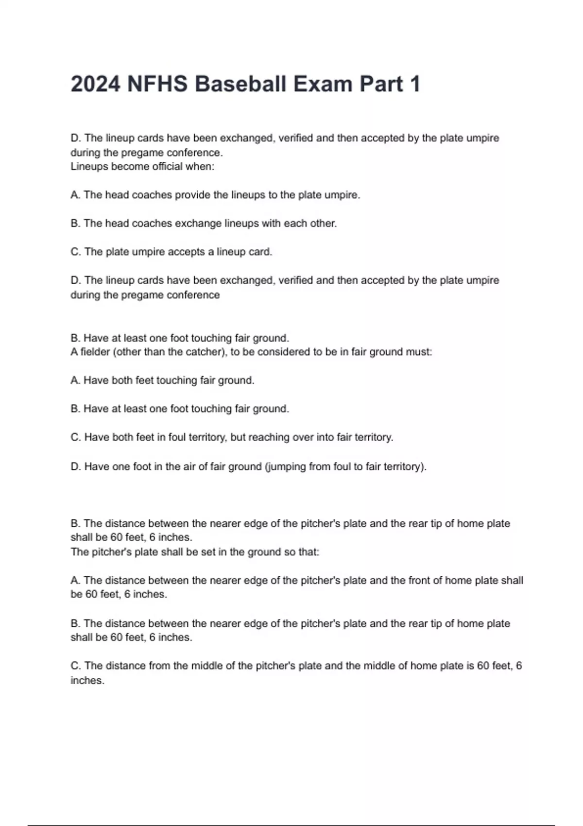 2024/2025 NFHS Baseball Exam Part 1 questions and answers graded A+ ...