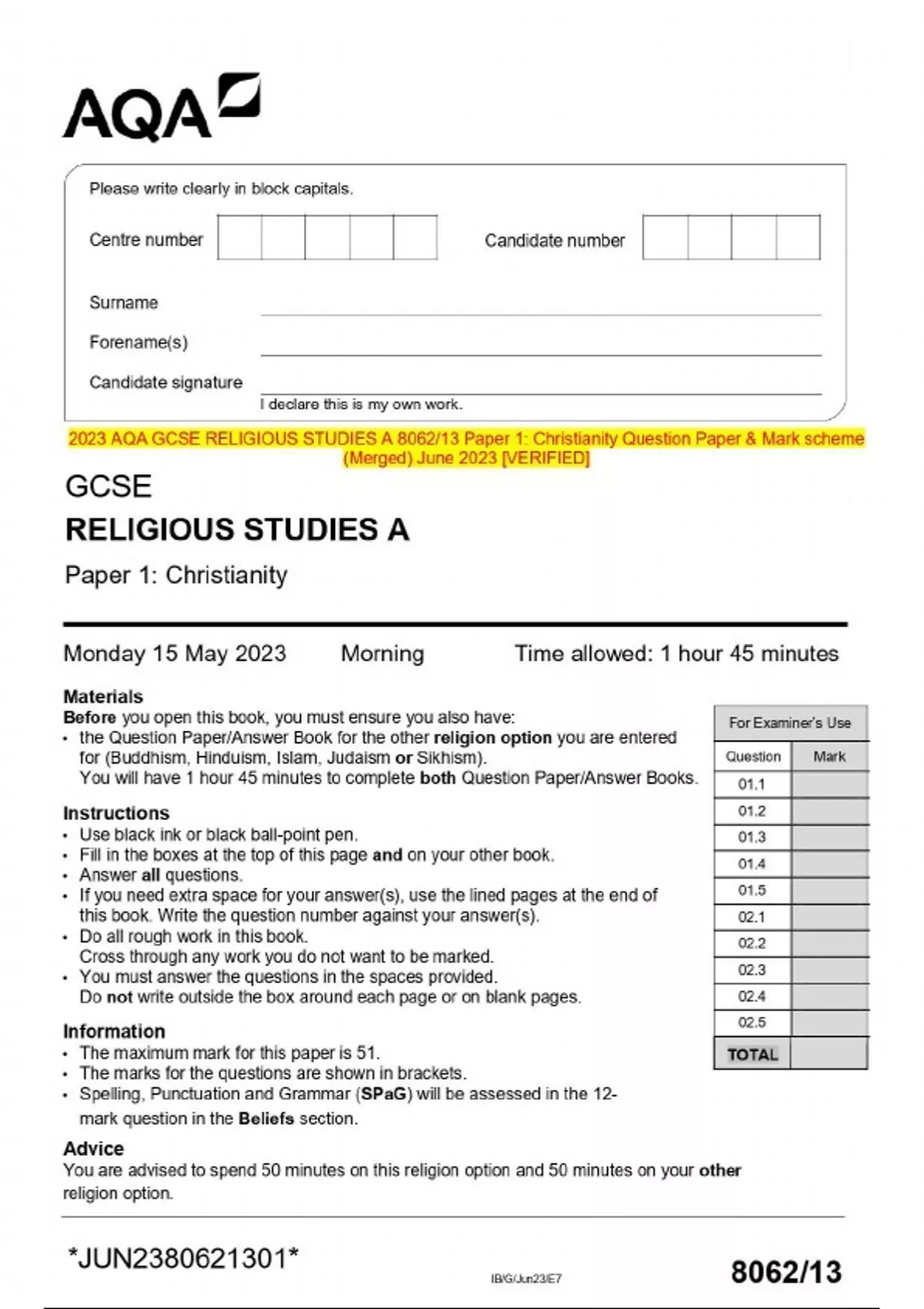 2023 AQA GCSE RELIGIOUS STUDIES A 8062/13 Paper 1: Christianity Question Paper & Mark scheme ...