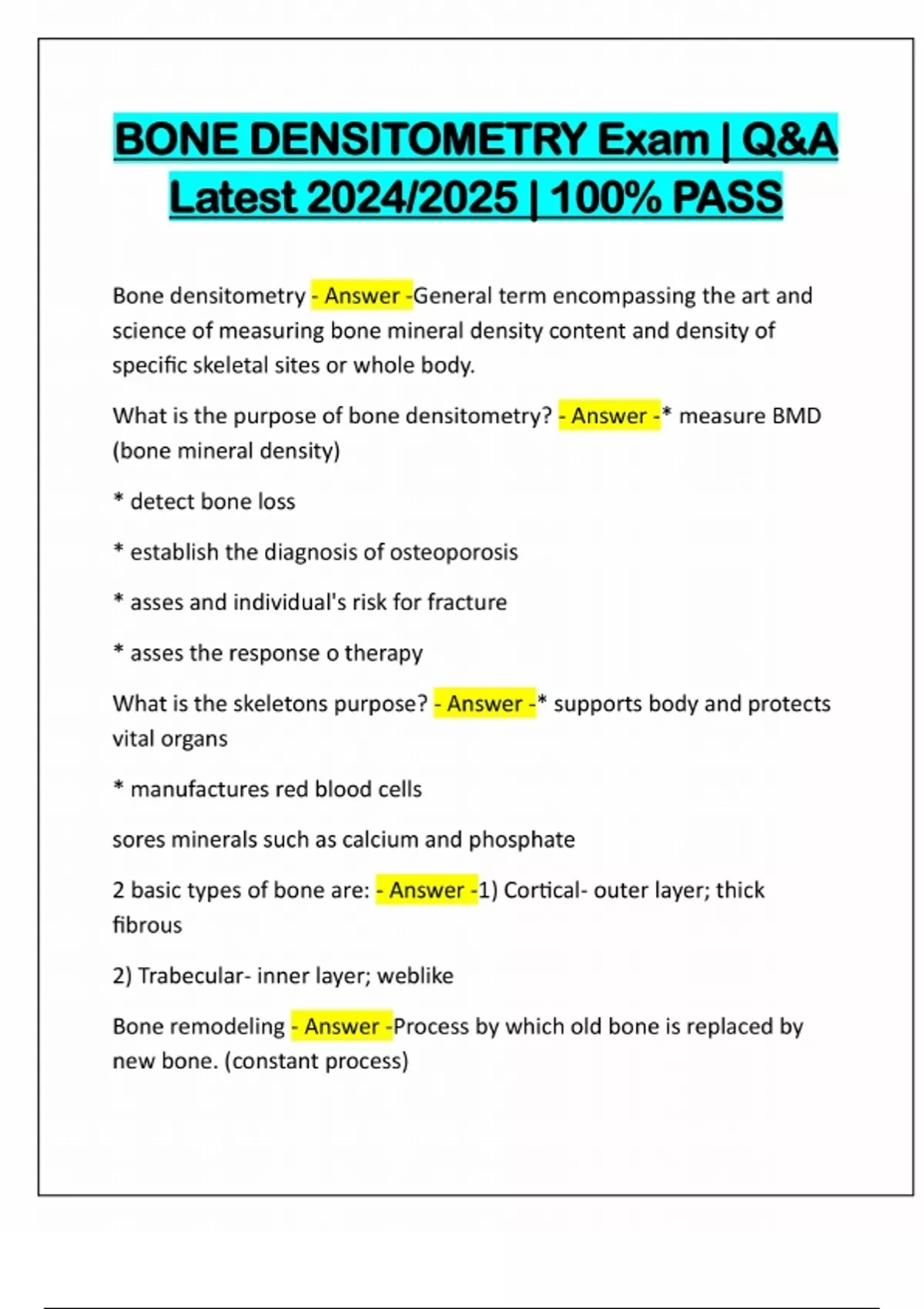 BONE DENSITOMETRY PACKAGE | Q&A LATEST 2024/2025 - Stuvia US