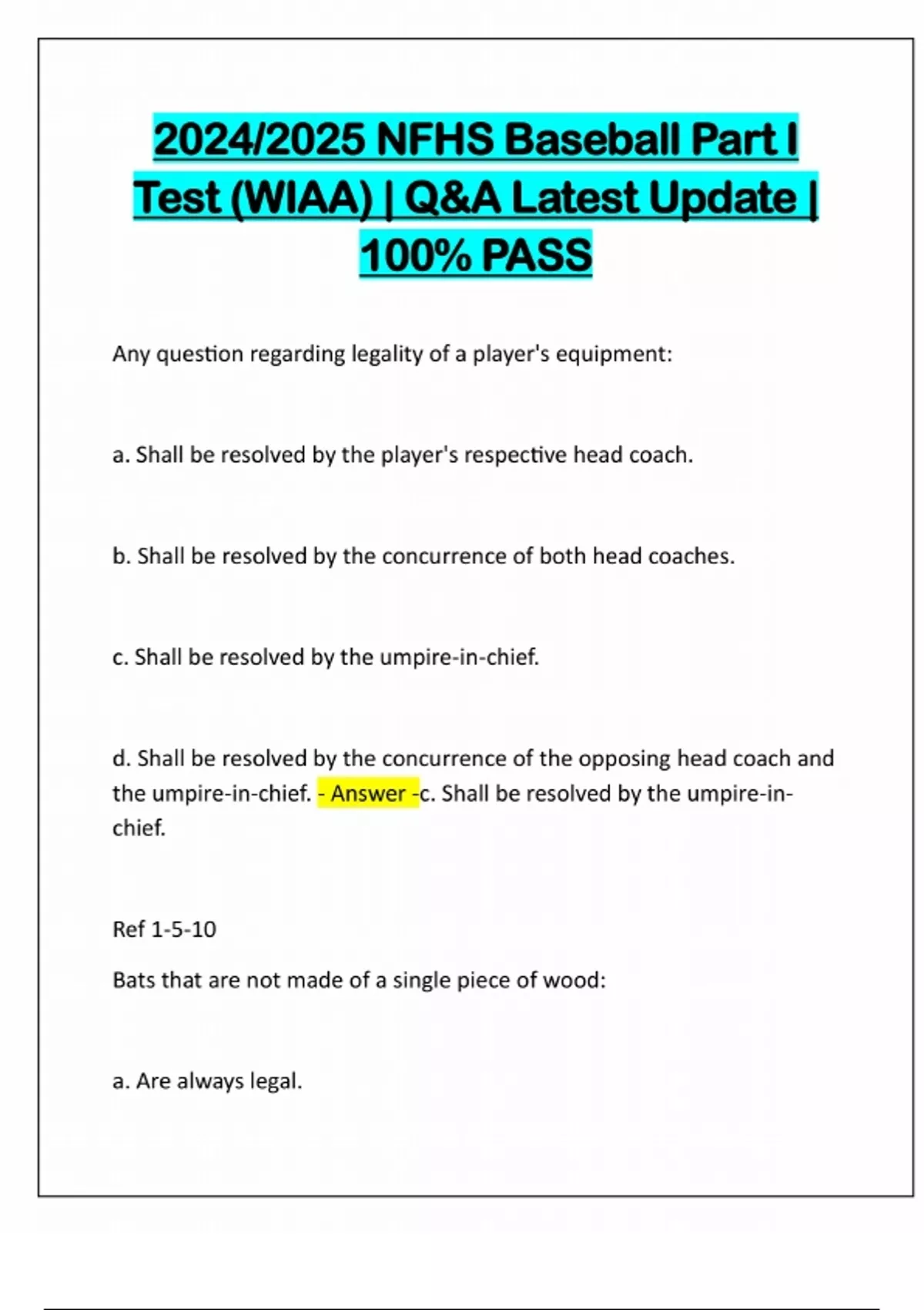 2024/2025 NFHS Baseball Part I Test (WIAA) | Q&A Latest Update | 100% ...