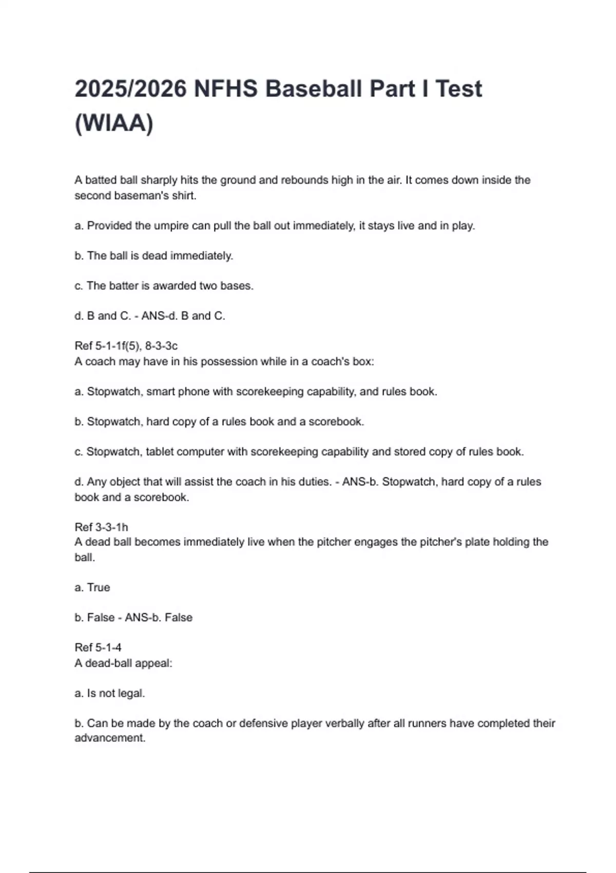 2025/2026 NFHS Baseball Part I Test (WIAA)questions and answers graded ...