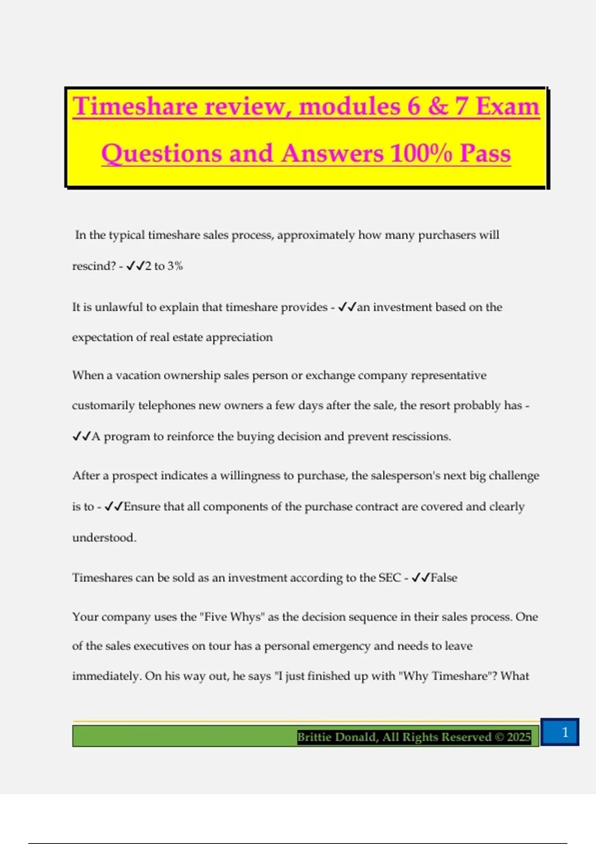 Timeshare review, modules 6 & 7 Exam Questions and Answers 100% Pass - Timeshare - Stuvia US