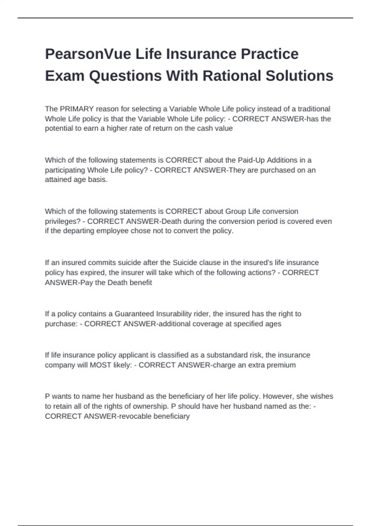 PearsonVue Life Insurance Practice Exam Questions With Rational ...