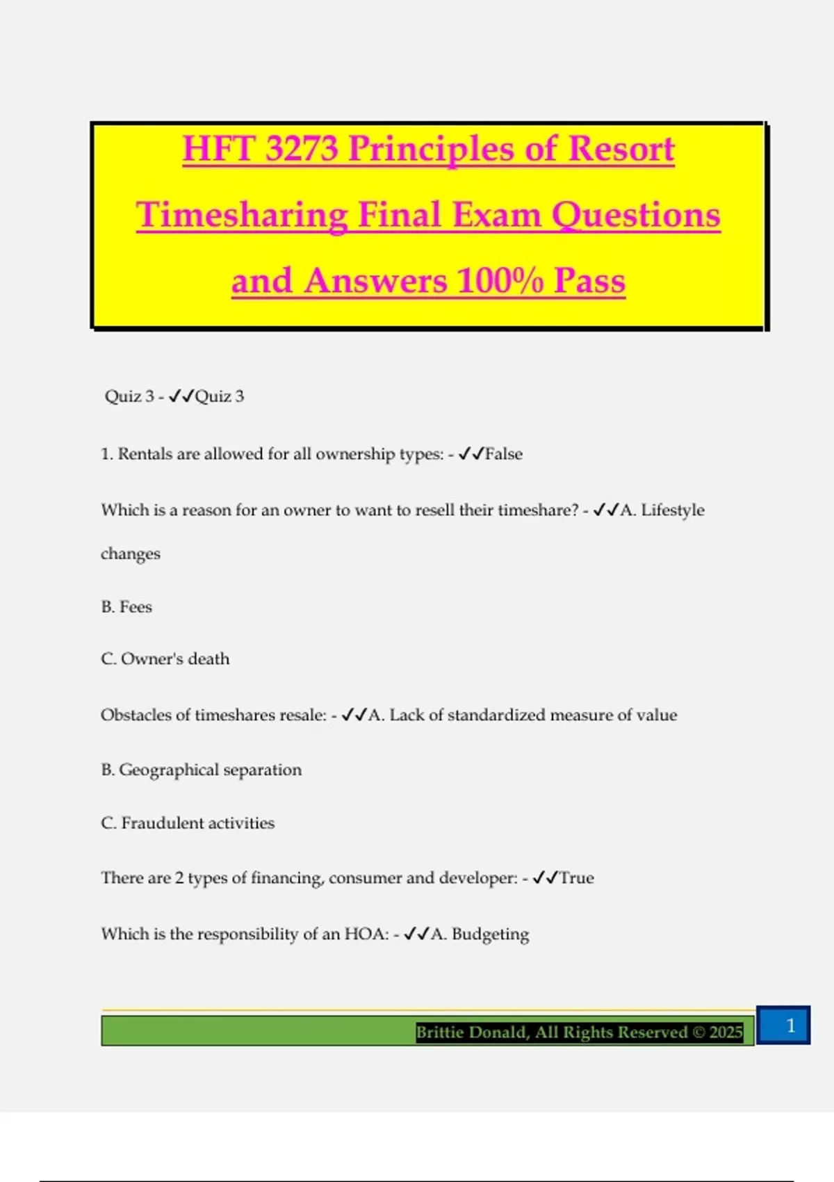 HFT 3273 Principles of Resort Timesharing Final Exam Questions and ...