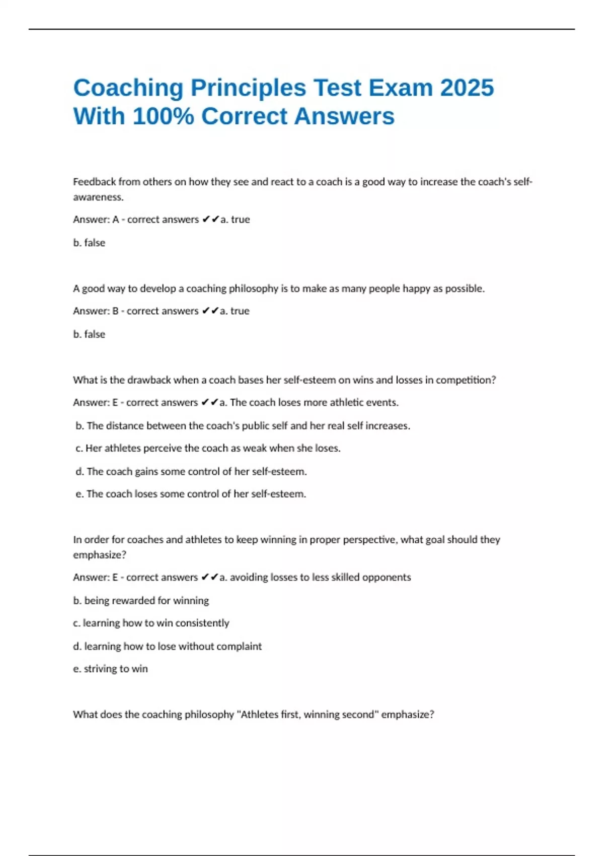 Coaching Principles Test Exam 2025 With 100% Correct Answers - Coaching ...