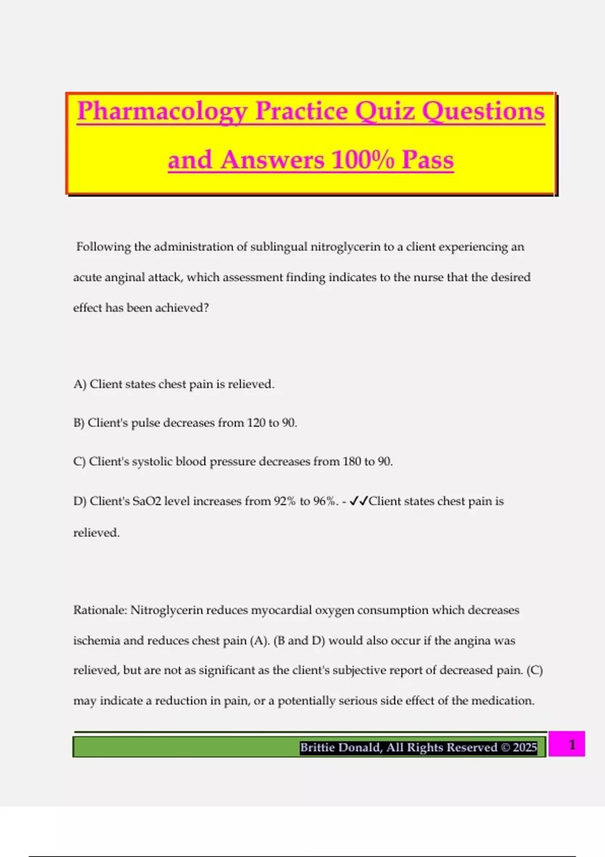 Pharmacology Practice Quiz Questions and Answers 100% Pass ...