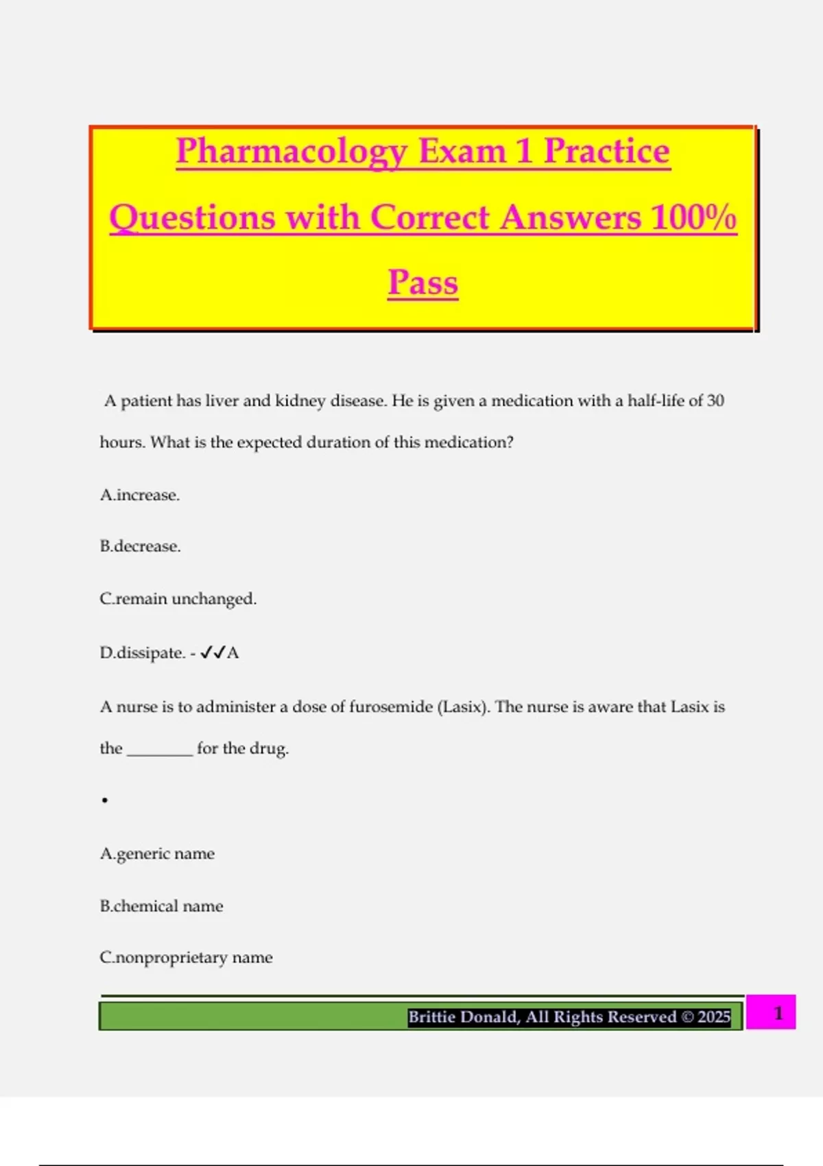 Pharmacology Exam 1 Practice Questions with Correct Answers 100% Pass ...