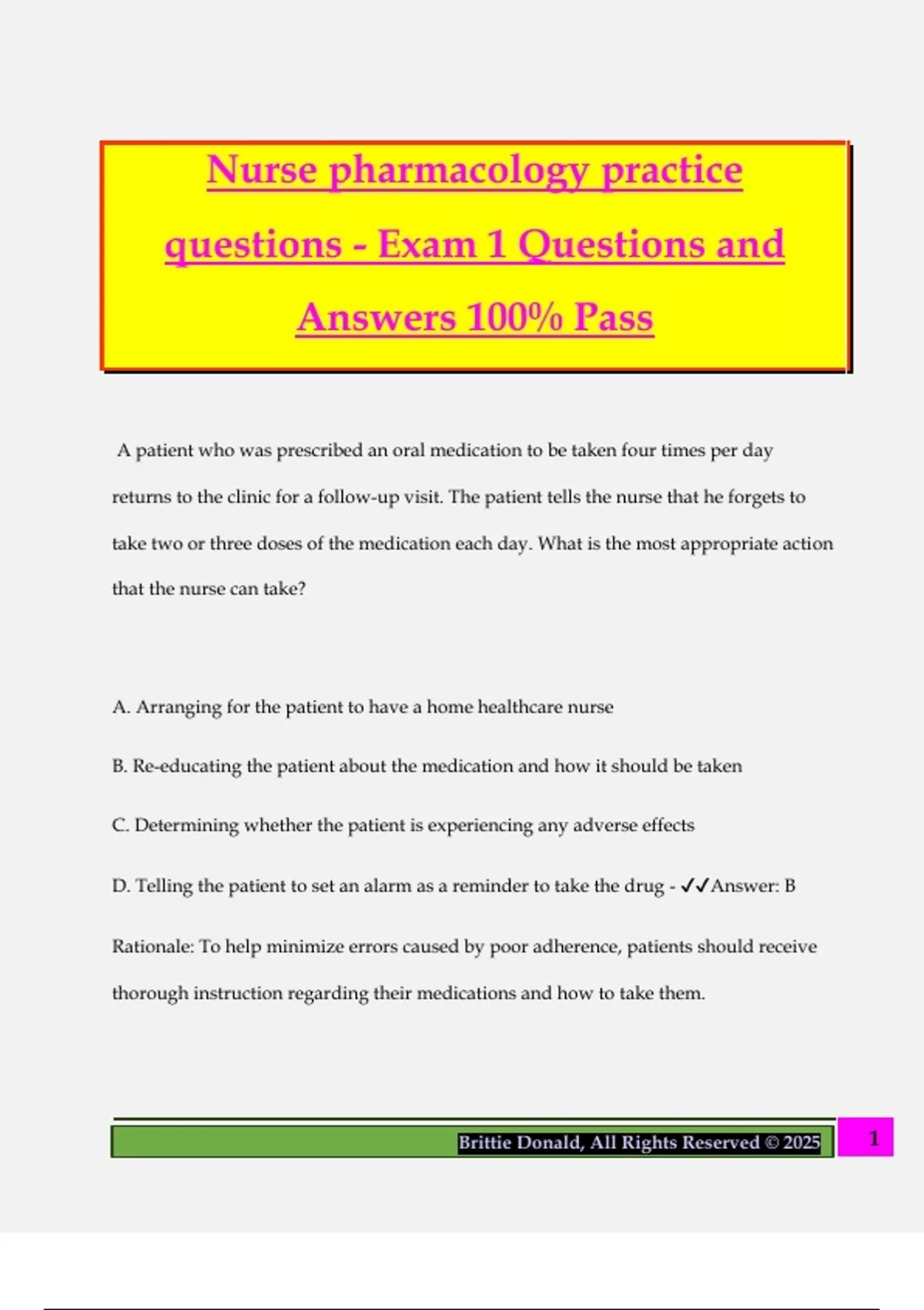 Nurse pharmacology practice questions - Exam 1 Questions and Answers ...