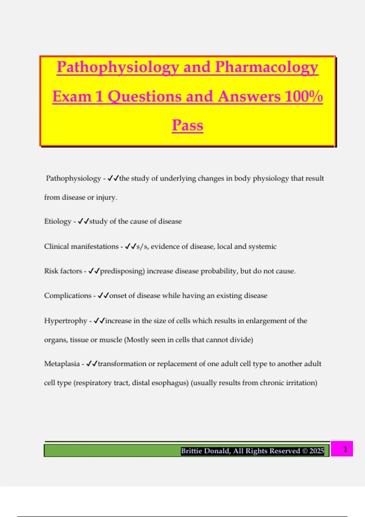Pathophysiology and Pharmacology Exam 1 Questions and Answers 100% Pass ...