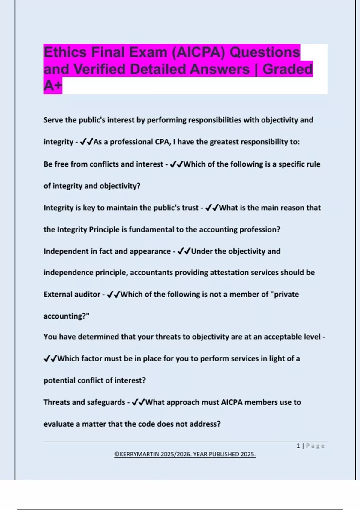 Ethics Final Exam (AICPA) Questions and Verified Detailed Answers ...
