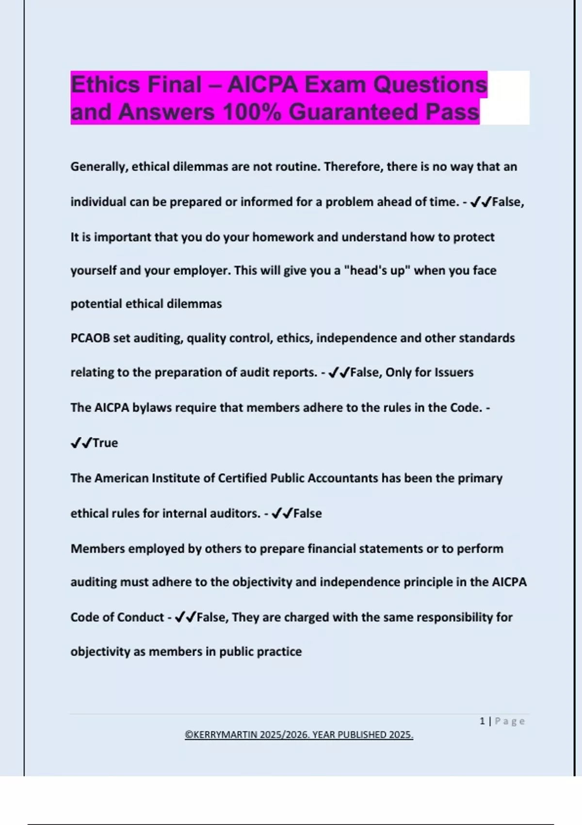 Ethics Final – AICPA Exam Questions and Answers 100% Guaranteed Pass - Ethics - Stuvia US