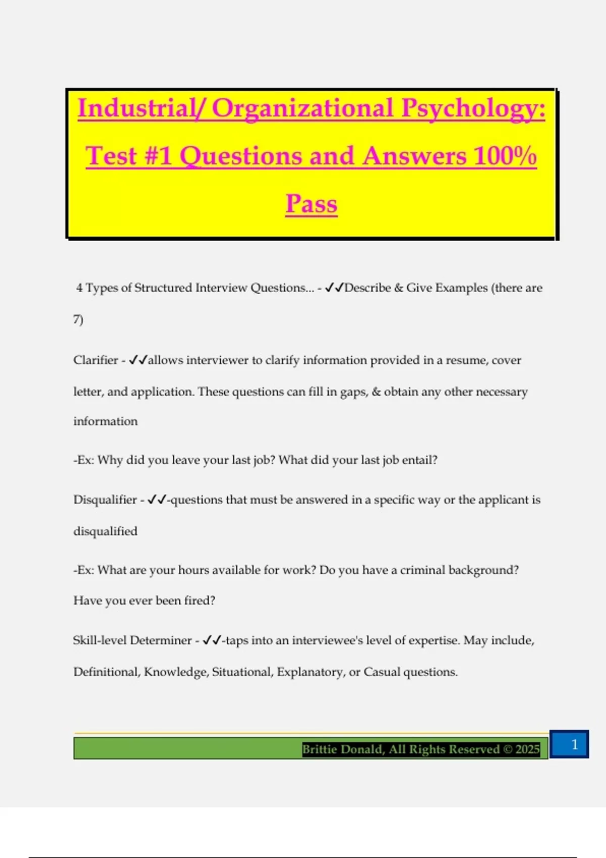 Industrial/ Organizational Psychology: Test #1 Questions and Answers ...