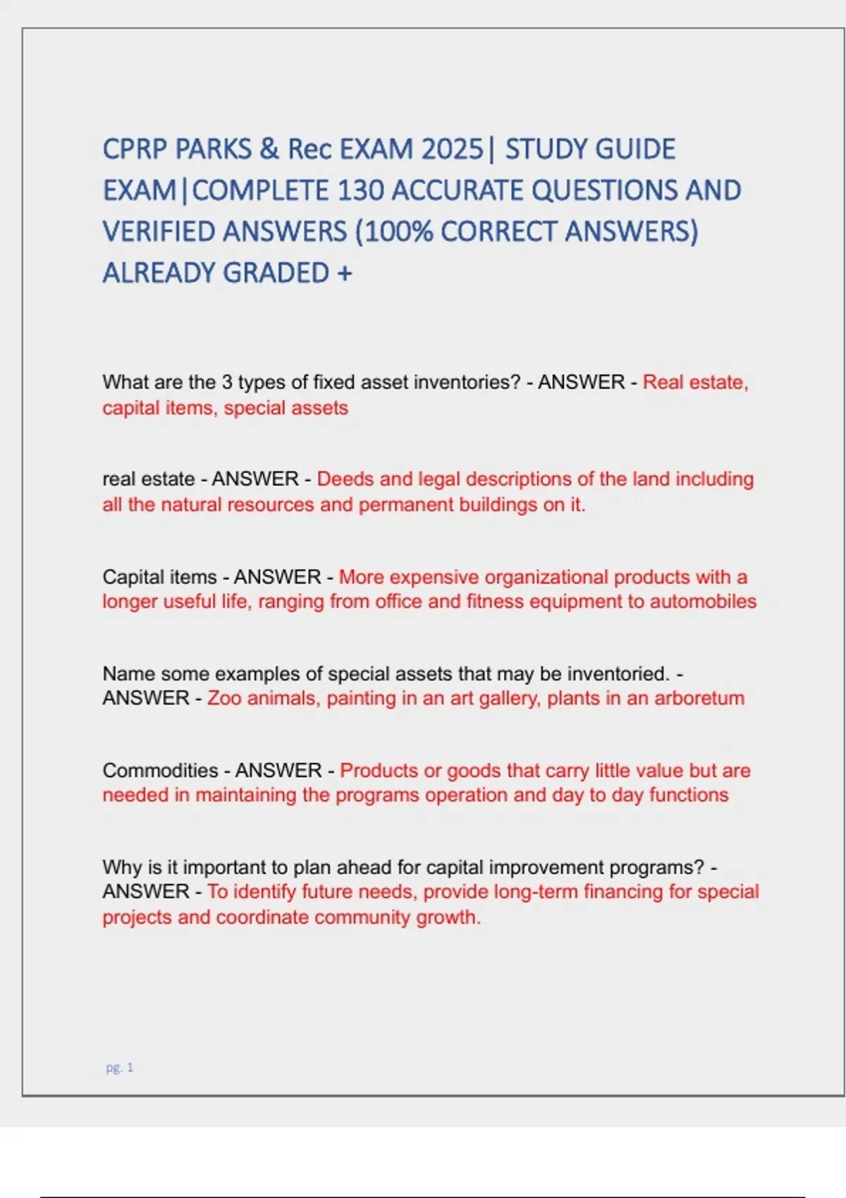 CPRP PARKS & Rec EXAM 2025| STUDY GUIDE EXAM|COMPLETE 130 ACCURATE ...