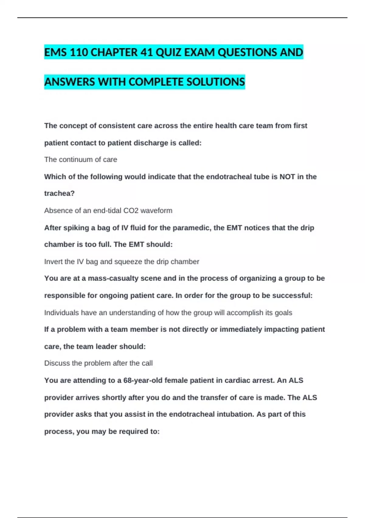 EMS 110 CHAPTER 41 QUIZ EXAM QUESTIONS AND ANSWERS WITH COMPLETE ...