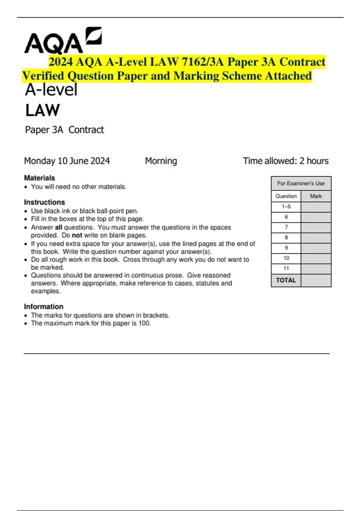 2024 AQA A-Level LAW 7162/3A Paper 3A Contract Verified Question Paper and Marking Scheme ...