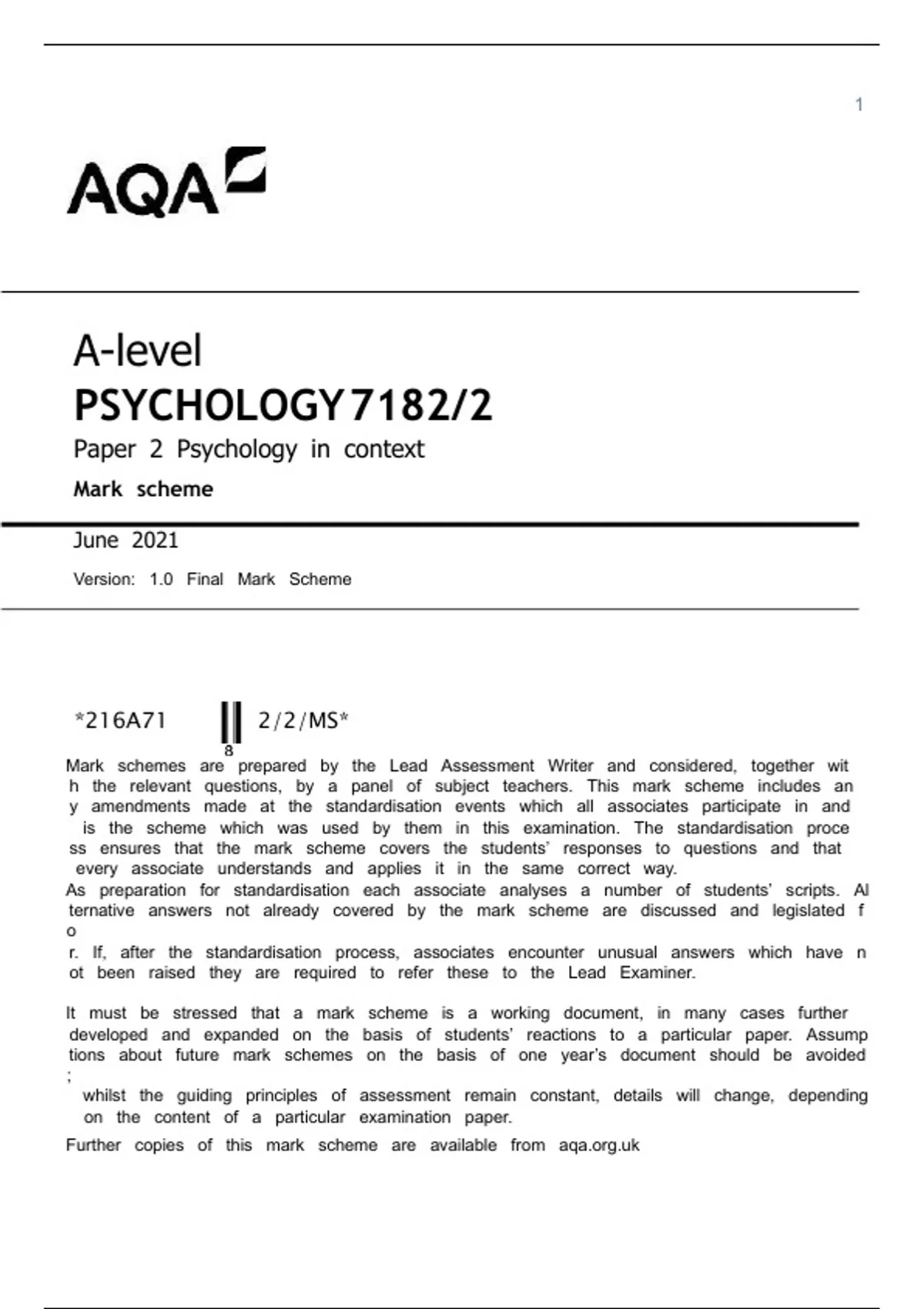 Aqa a level psychology paper 2 ms 2025 - Aqa a level psychology paper 2 ...