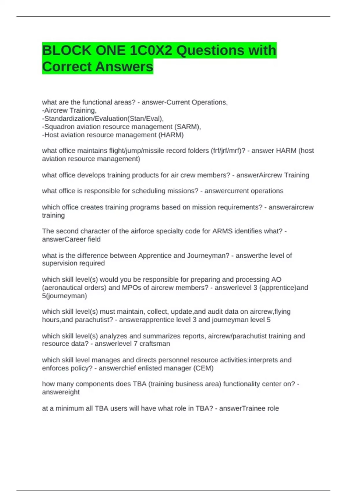 BLOCK ONE 1C0X2 Questions with Correct Answers - Air Observer - Stuvia US