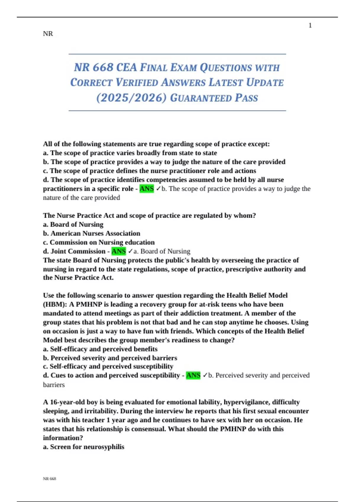 NR 668 / NR668– Clinical Evaluation and Assessment (CEA) Final Exam (2026) – Questions & Correct ...