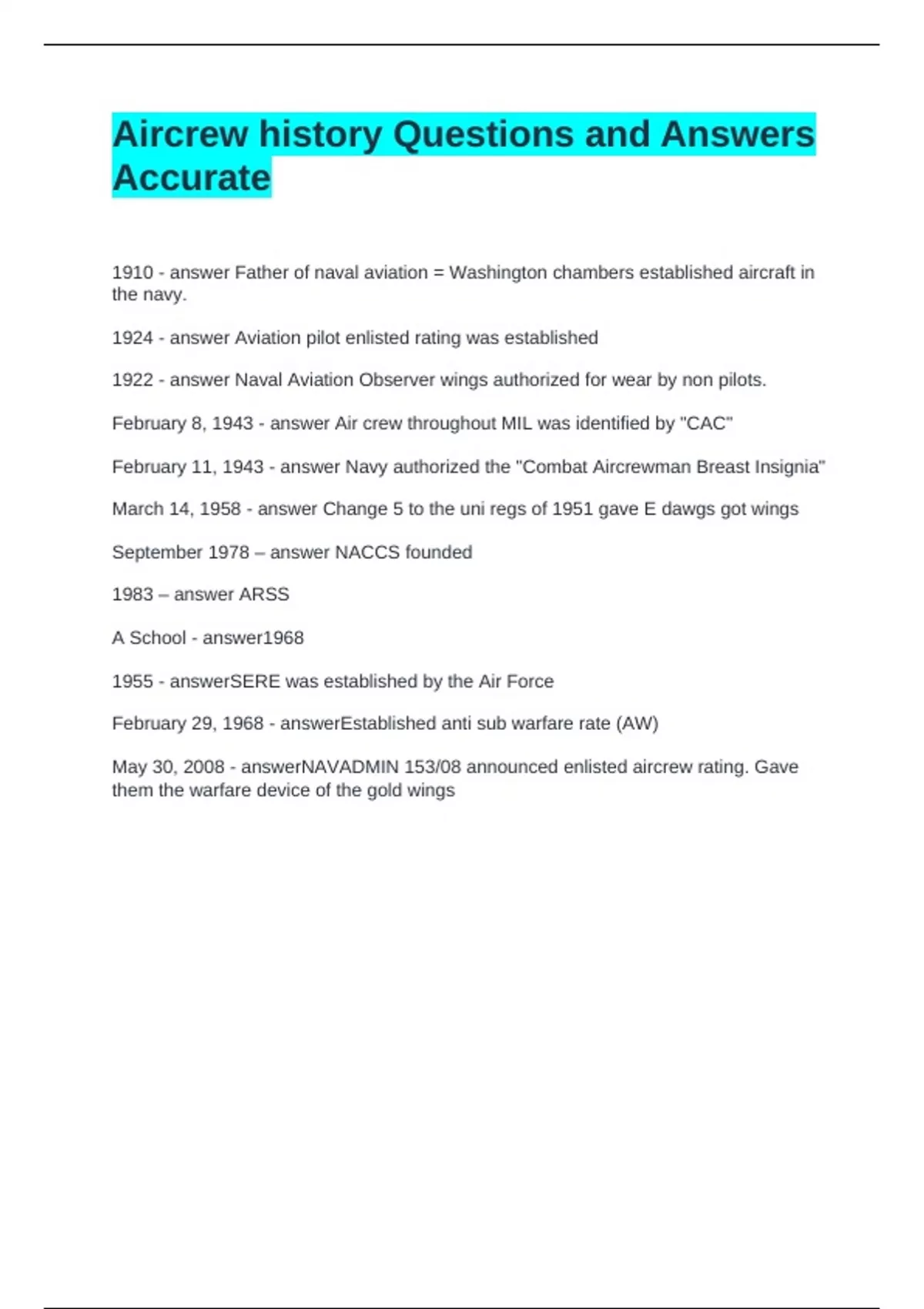 Aircrew history Questions and Answers Accurate - Air Observer - Stuvia US