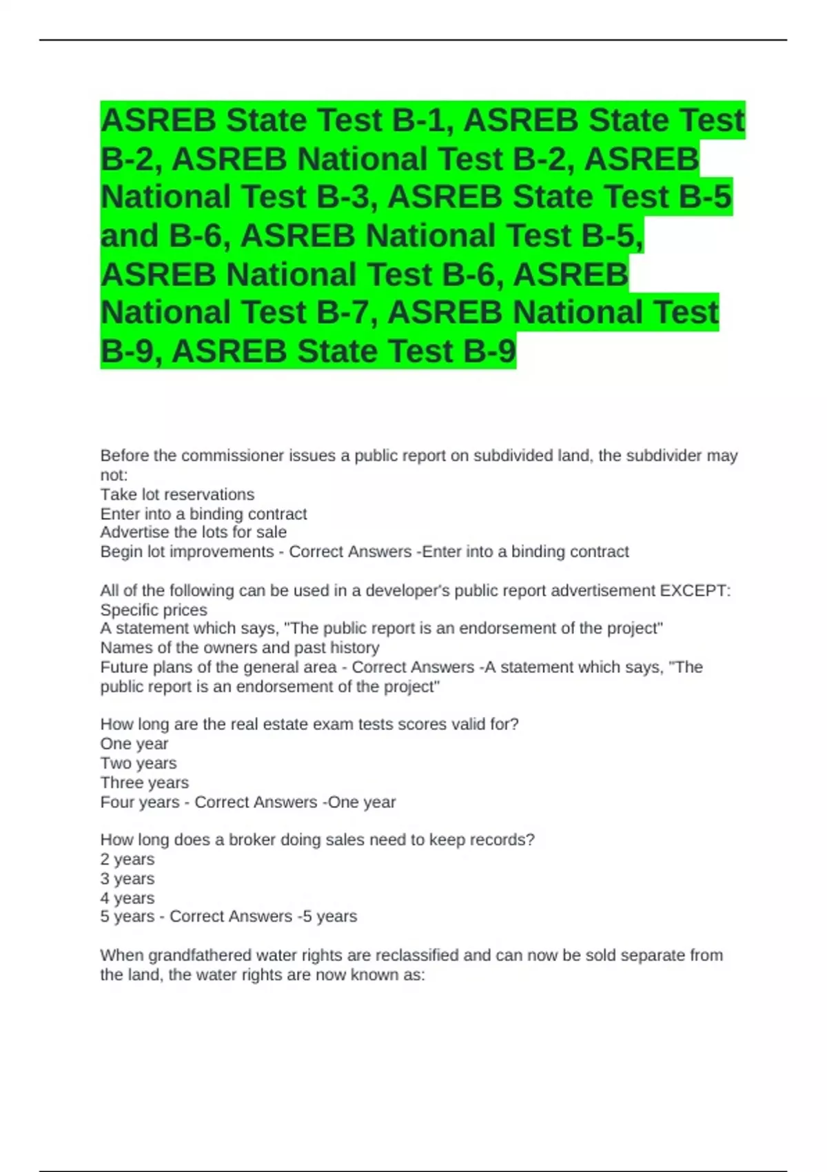 ASREB State Test B-1, ASREB State Test B-2, ASREB National Test B-2 ...