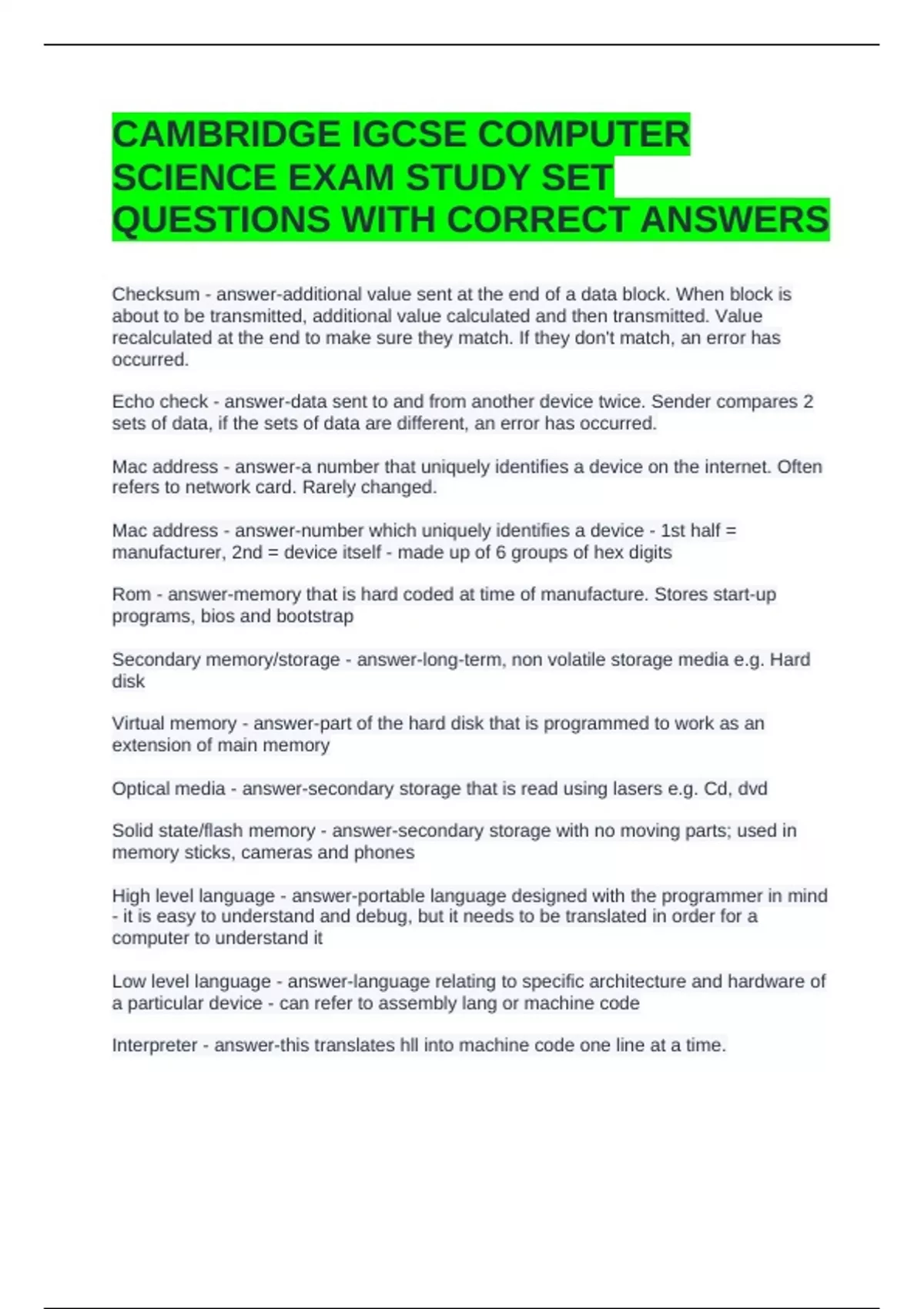 CAMBRIDGE IGCSE COMPUTER SCIENCE EXAM STUDY SET QUESTIONS WITH CORRECT ANSWERS - CAMBRIDGE IGCSE ...