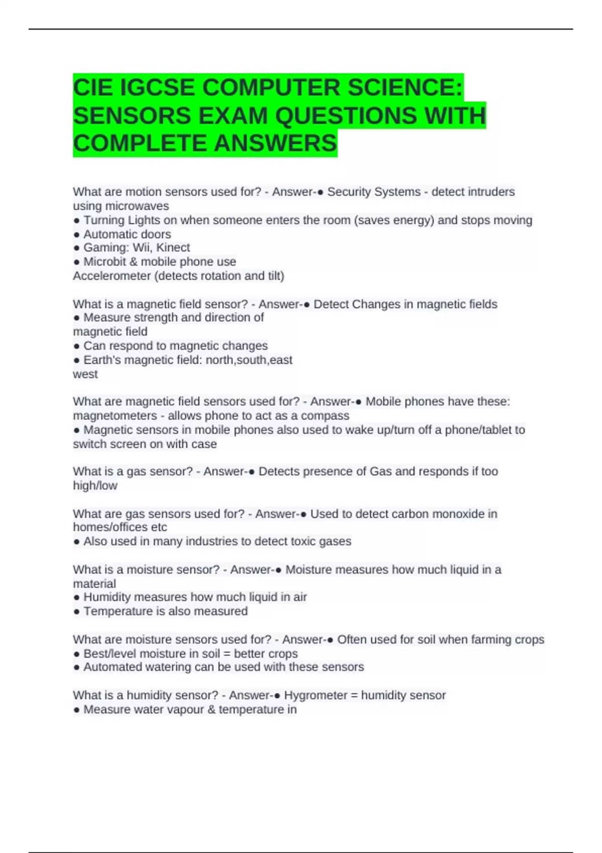 CIE IGCSE COMPUTER SCIENCE: SENSORS EXAM QUESTIONS WITH COMPLETE ANSWERS - CAMBRIDGE IGCSE ...