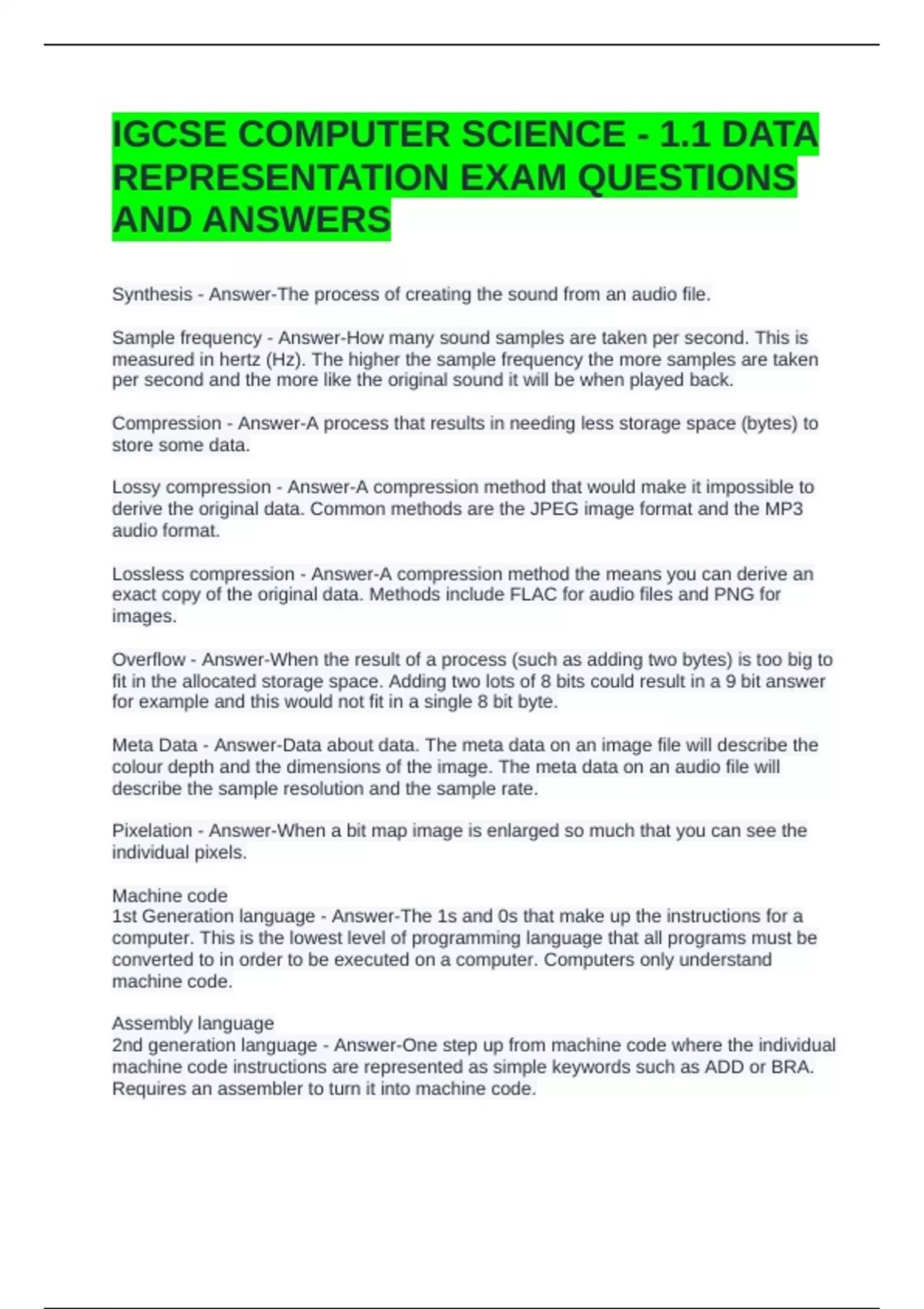 IGCSE COMPUTER SCIENCE - 1.1 DATA REPRESENTATION EXAM QUESTIONS AND ANSWERS - CAMBRIDGE IGCSE ...
