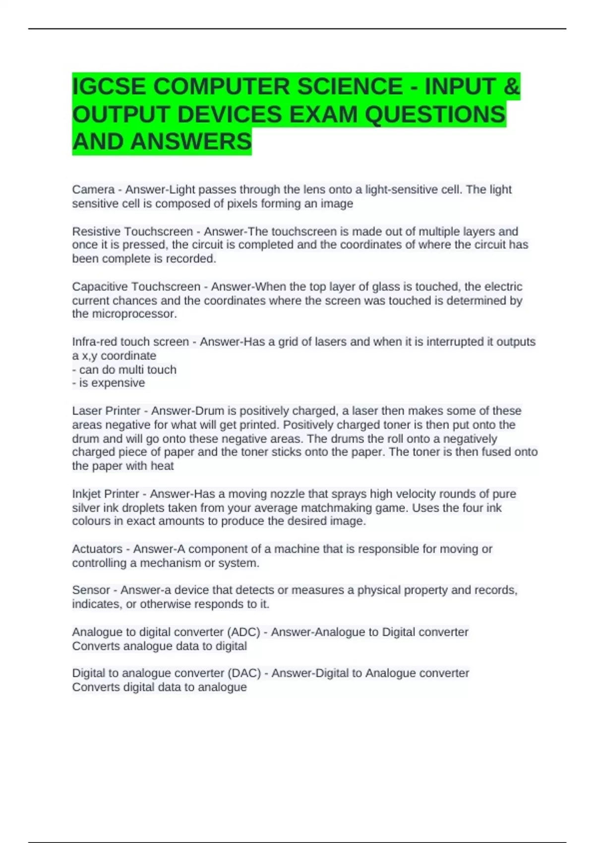 IGCSE COMPUTER SCIENCE - INPUT & OUTPUT DEVICES EXAM QUESTIONS AND ANSWERS - CAMBRIDGE IGCSE ...