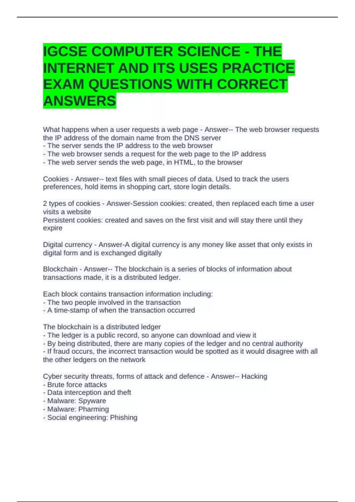 IGCSE COMPUTER SCIENCE - THE INTERNET AND ITS USES PRACTICE EXAM ...