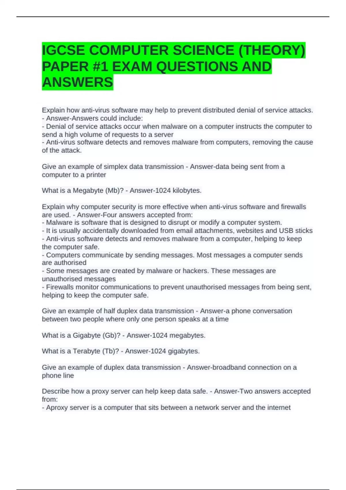 IGCSE COMPUTER SCIENCE (THEORY) PAPER #1 EXAM QUESTIONS AND ANSWERS - CAMBRIDGE IGCSE COMPUTER ...