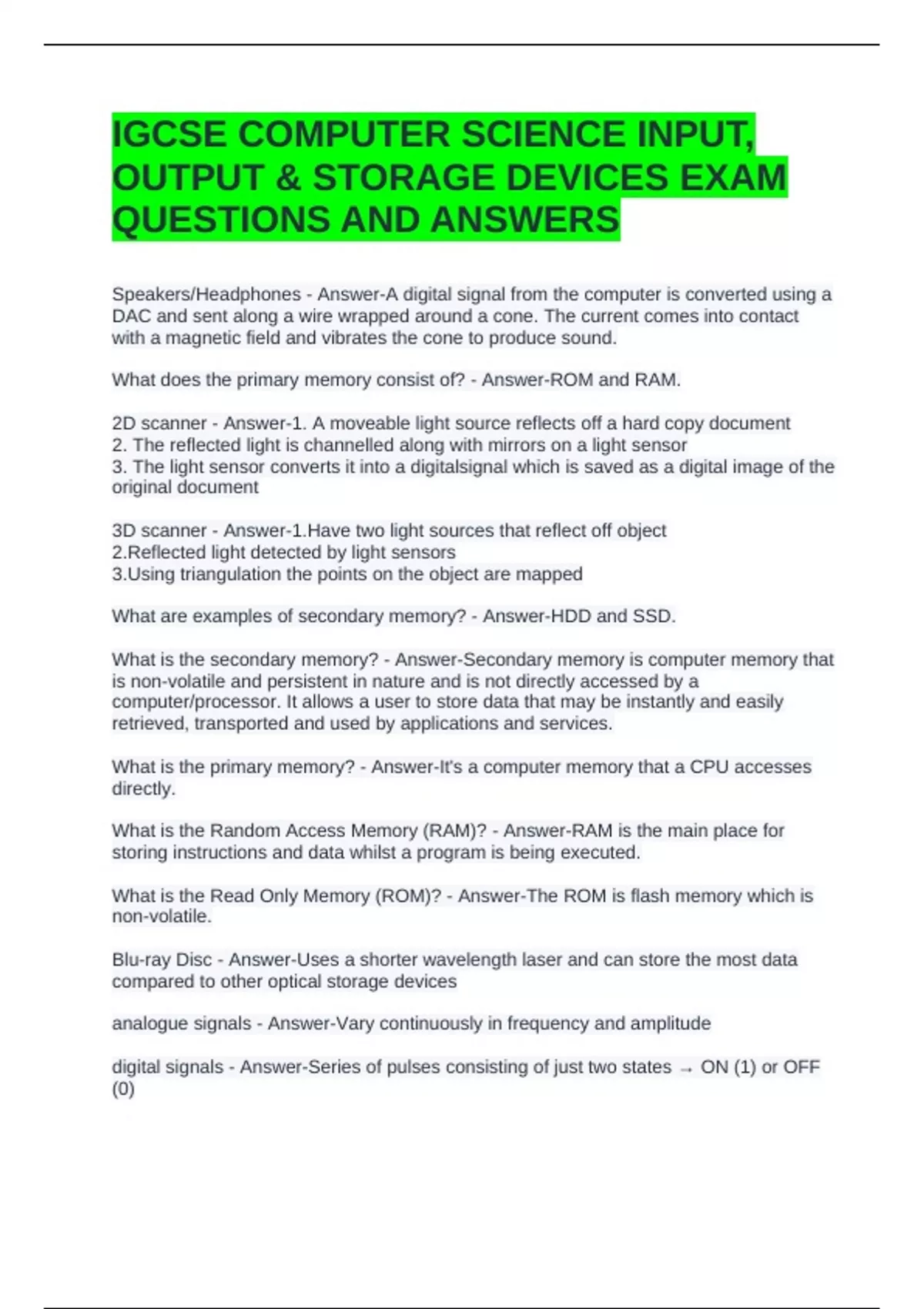 IGCSE COMPUTER SCIENCE INPUT, OUTPUT & STORAGE DEVICES EXAM QUESTIONS ...
