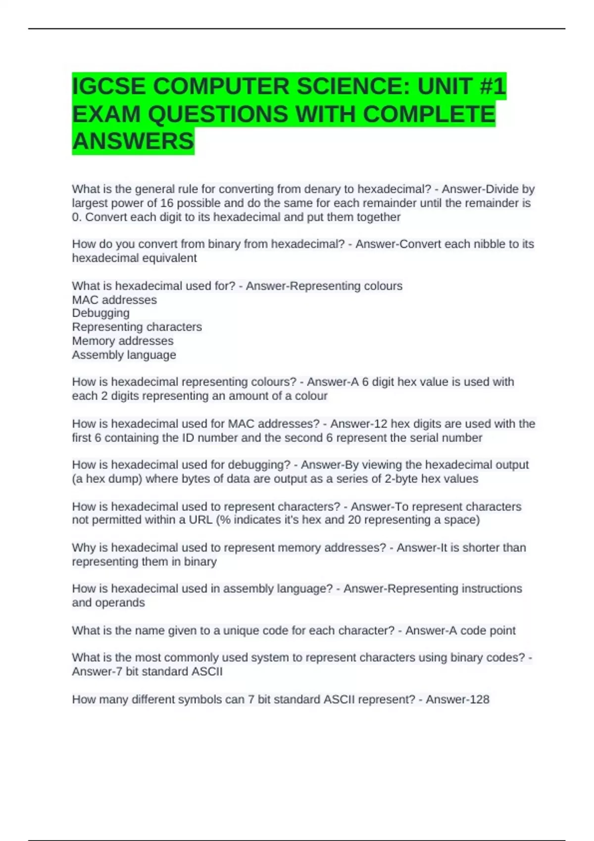 IGCSE COMPUTER SCIENCE: UNIT #1 EXAM QUESTIONS WITH COMPLETE ANSWERS - CAMBRIDGE IGCSE COMPUTER ...