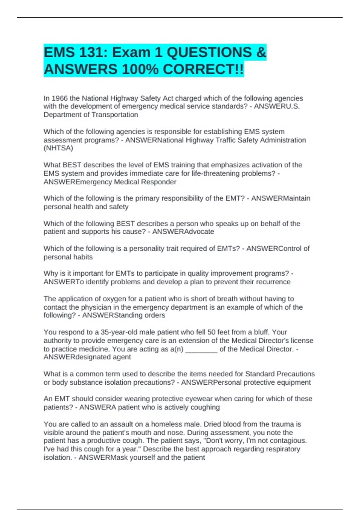 EMS 131: Exam 1 QUESTIONS & ANSWERS 100% CORRECT!! - EMS 131: - Stuvia US