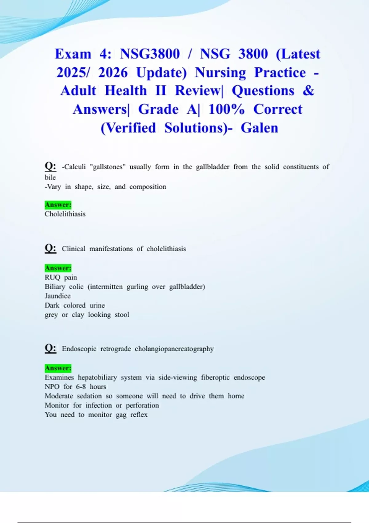 Exam 4: NSG3800 / NSG 3800 (Latest 2025/ 2026 Update) Nursing Practice ...