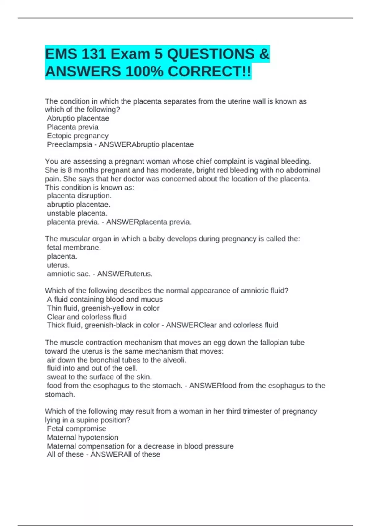 EMS 131 Exam 5 QUESTIONS & ANSWERS 100% CORRECT!! - EMS 131 - Stuvia US