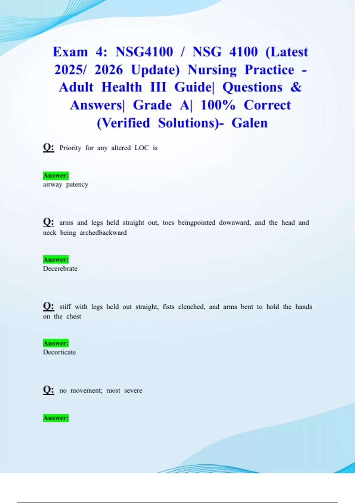 Exam 4: NSG4100 / NSG 4100 (Latest 2025/ 2026 Update) Nursing Practice ...