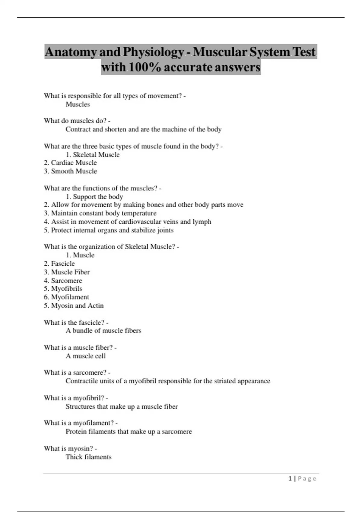 Anatomy and Physiology - Muscular System Test questions with verified ...