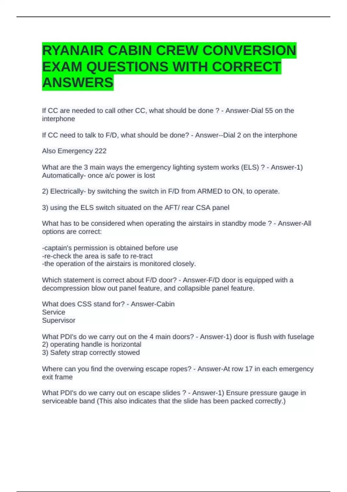 RYANAIR CABIN CREW CONVERSION EXAM QUESTIONS WITH CORRECT ANSWERS ...