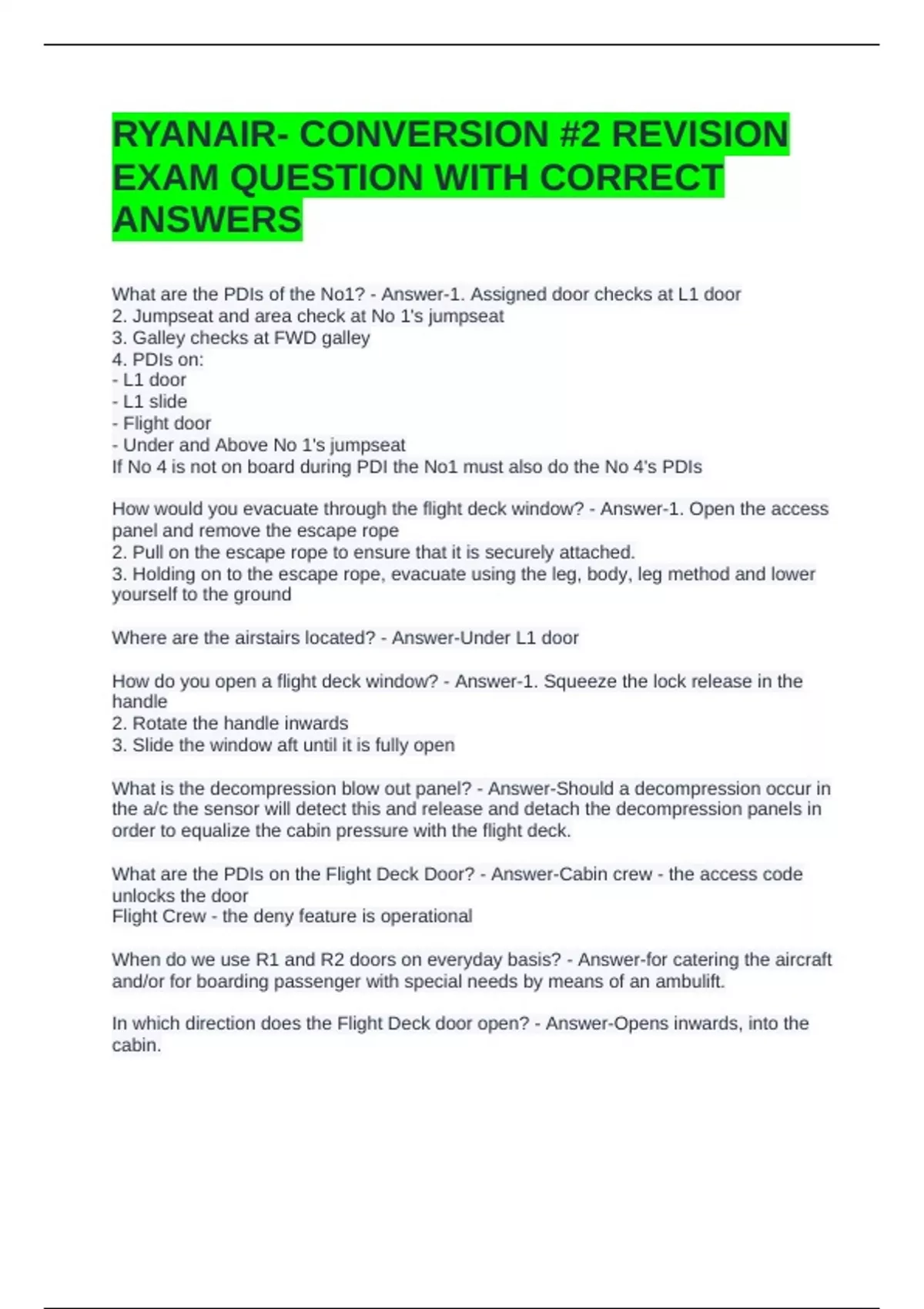 RYANAIR- CONVERSION #2 REVISION EXAM QUESTION WITH CORRECT ANSWERS - RYANAIR - Stuvia US