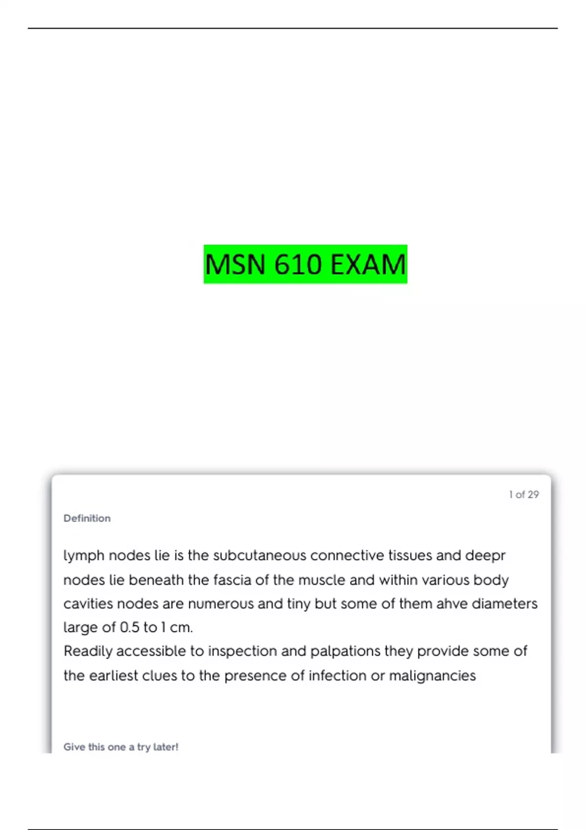 MSN 610 MODULE 2 LYMPH NODES QUESTIONS WITH COMPLETE ANSWERS - MSN 610 ...