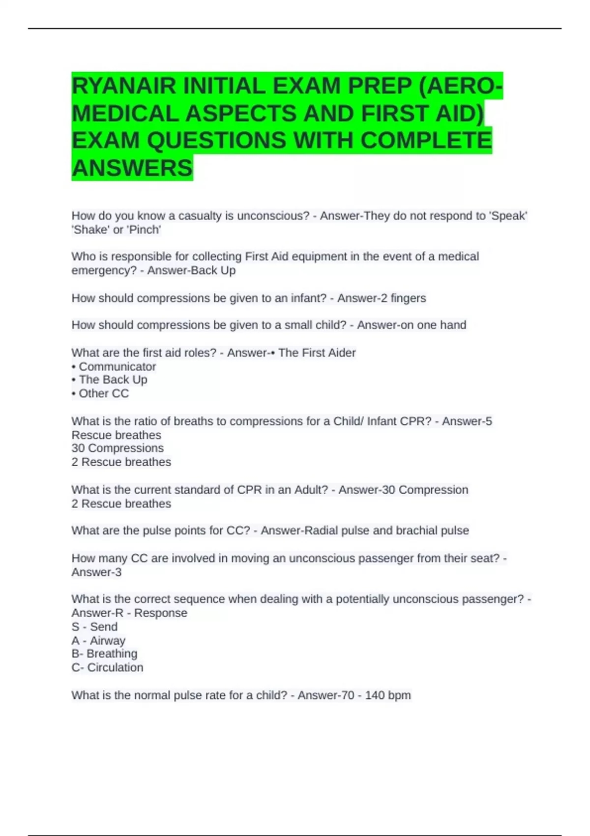 RYANAIR INITIAL EXAM PREP (AERO-MEDICAL ASPECTS AND FIRST AID) EXAM QUESTIONS WITH COMPLETE ...