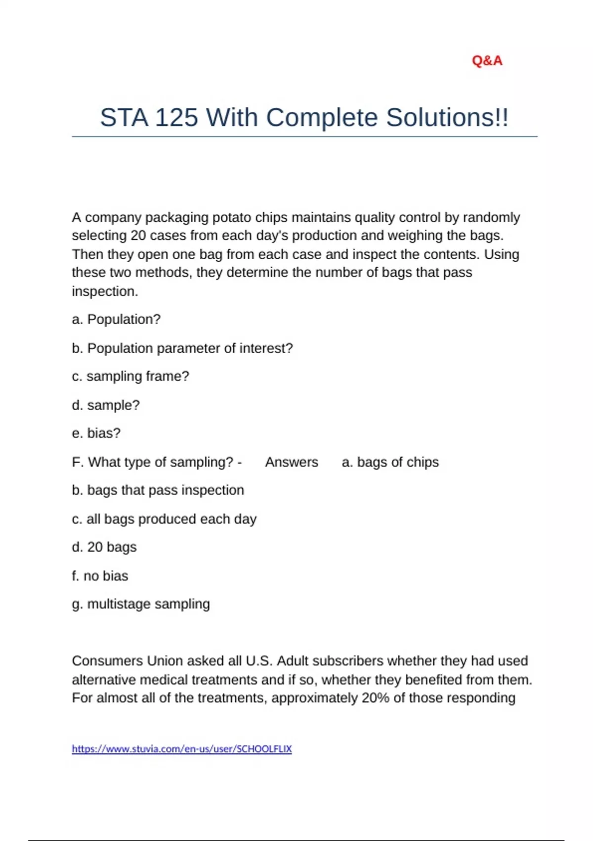 STA 125 With Complete Solutions!! - STA 125 - Stuvia US