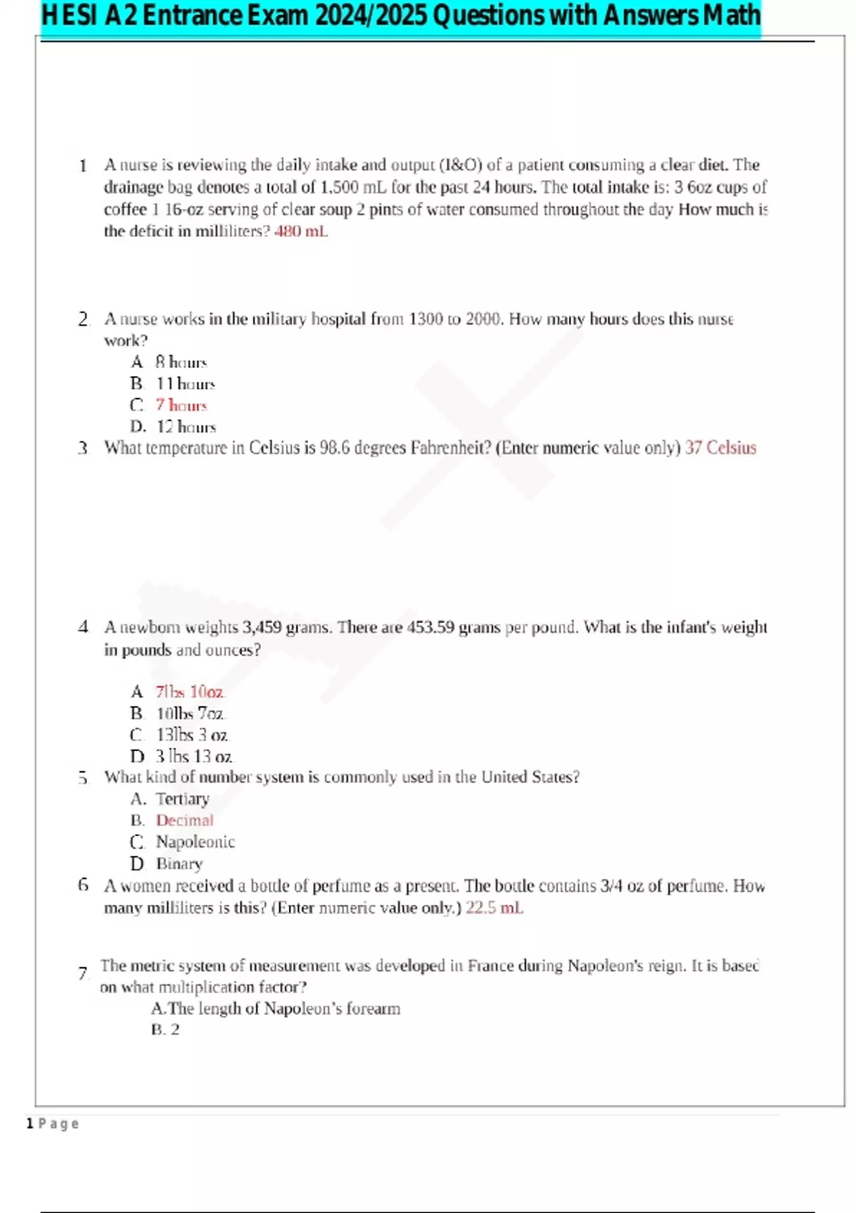HESI A2 Entrance Exam 2024/2025 Questions with Answers Math - HESI A2 ...