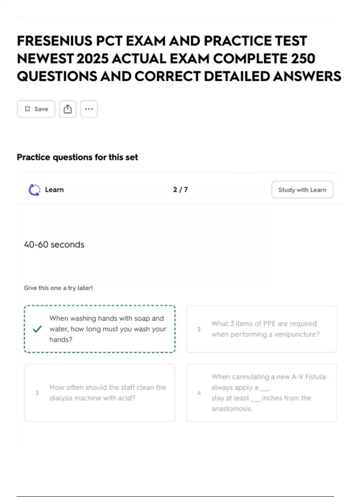 FRESENIUS PCT EXAM AND PRACTICE TEST NEWEST 2025 ACTUAL EXAM COMPLETE ...