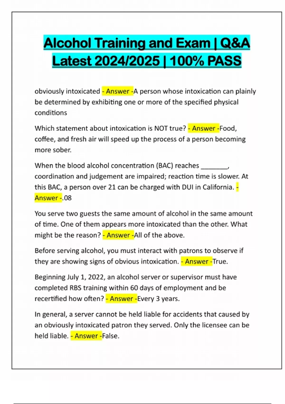 Alcohol Training and Exam | Q&A Latest 2024/2025 | 100% PASS - Tips ...