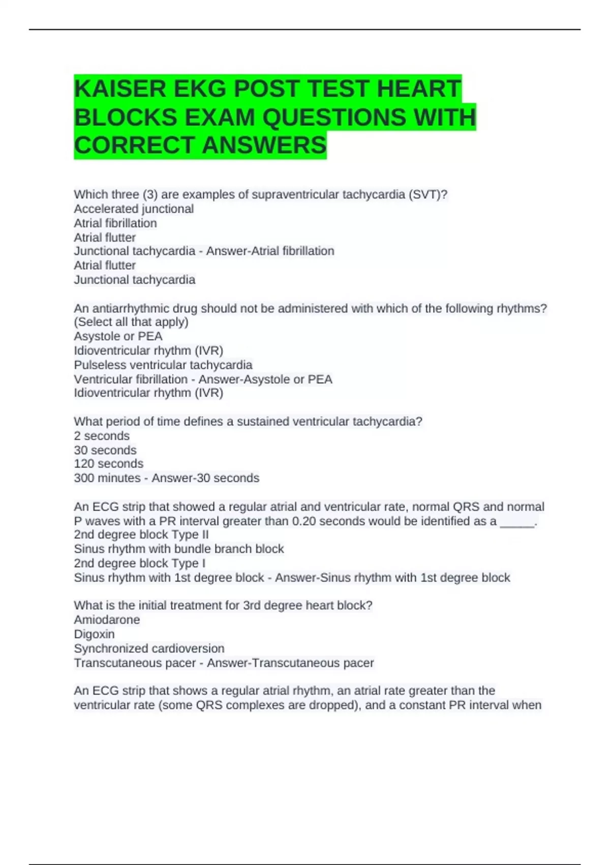 KAISER EKG POST TEST HEART BLOCKS EXAM QUESTIONS WITH CORRECT ANSWERS ...