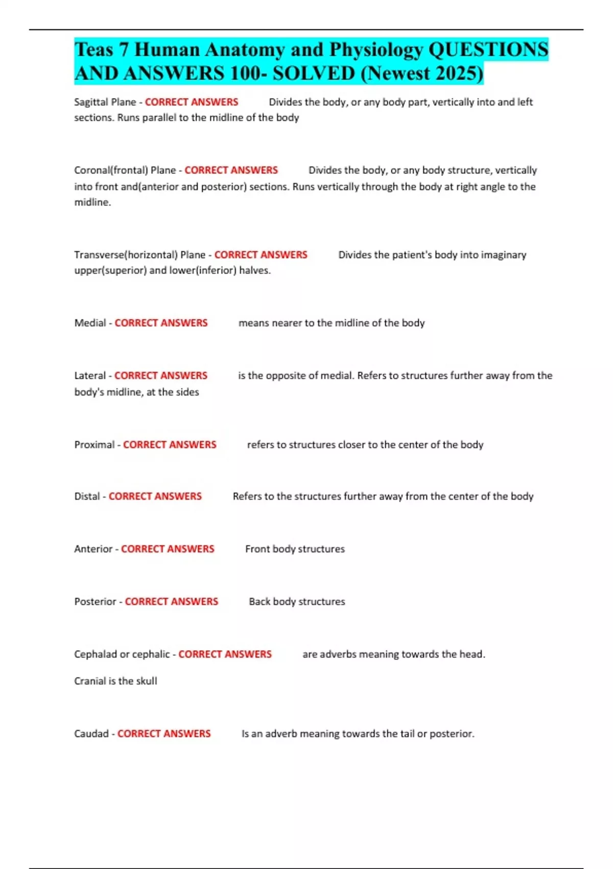 Teas 7 Human Anatomy and Physiology QUESTIONS AND ANSWERS 100- SOLVED ...