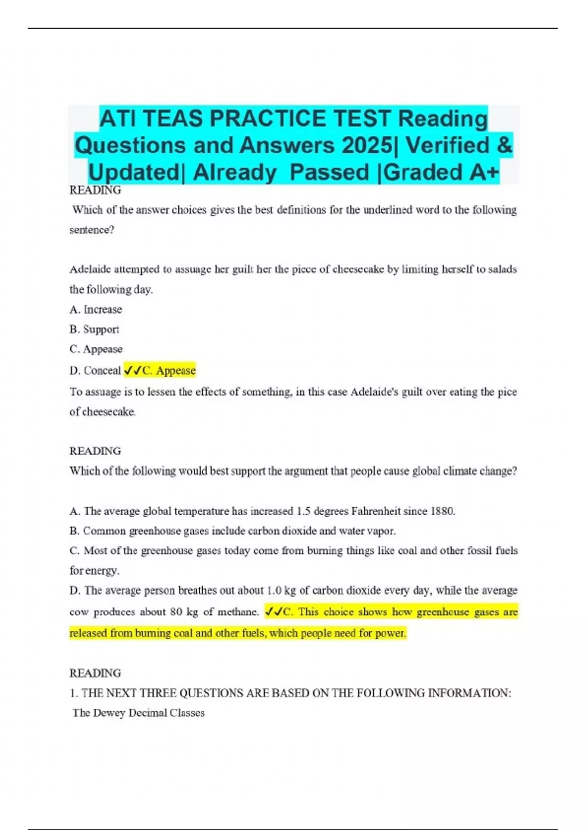 ATI TEAS PRACTICE TEST Reading Questions and Answers 2025| Verified ...