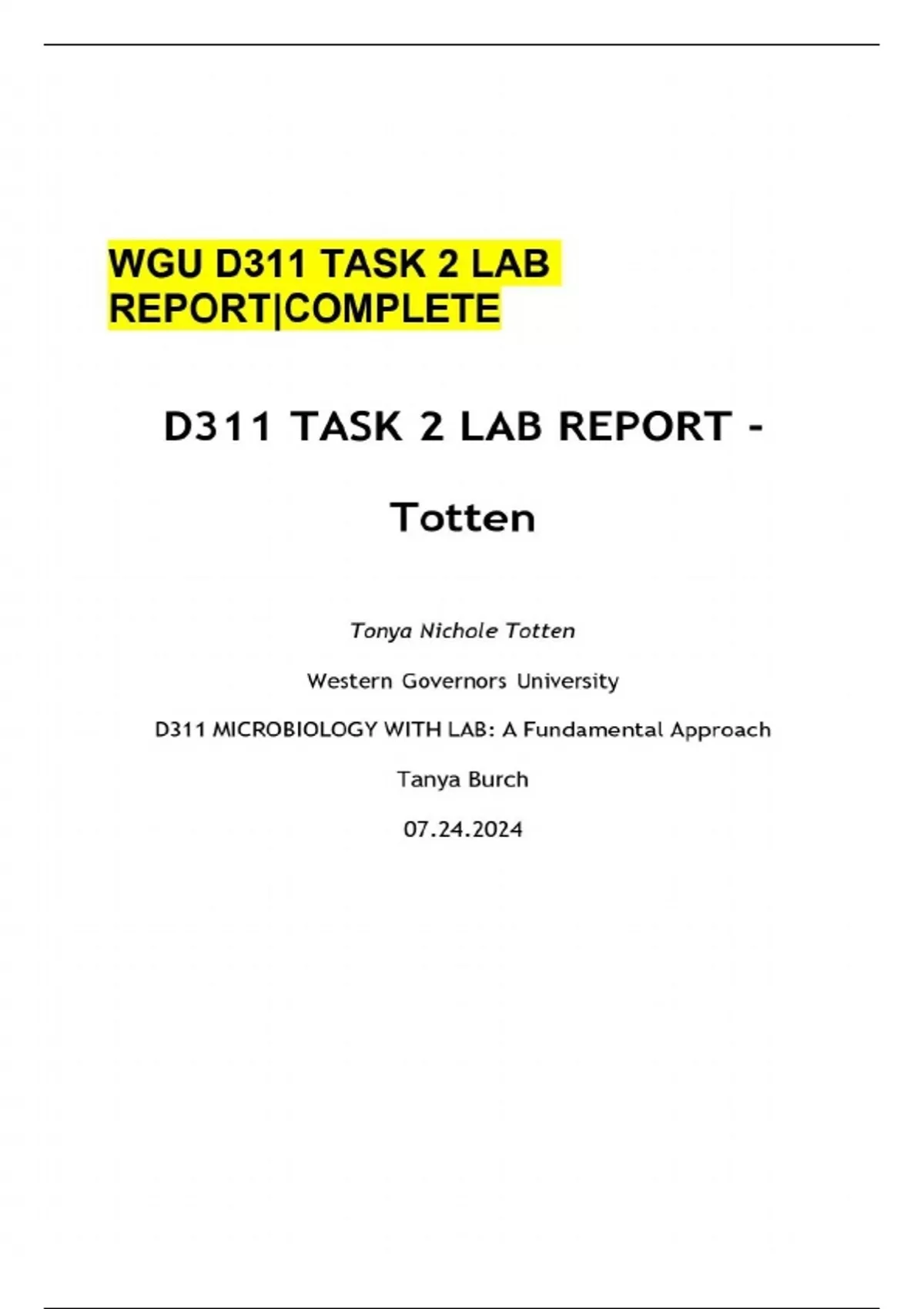 WGU D311 TASK 2 LAB REPORT|COMPLETE - MICROBIOLO D311 - Stuvia US
