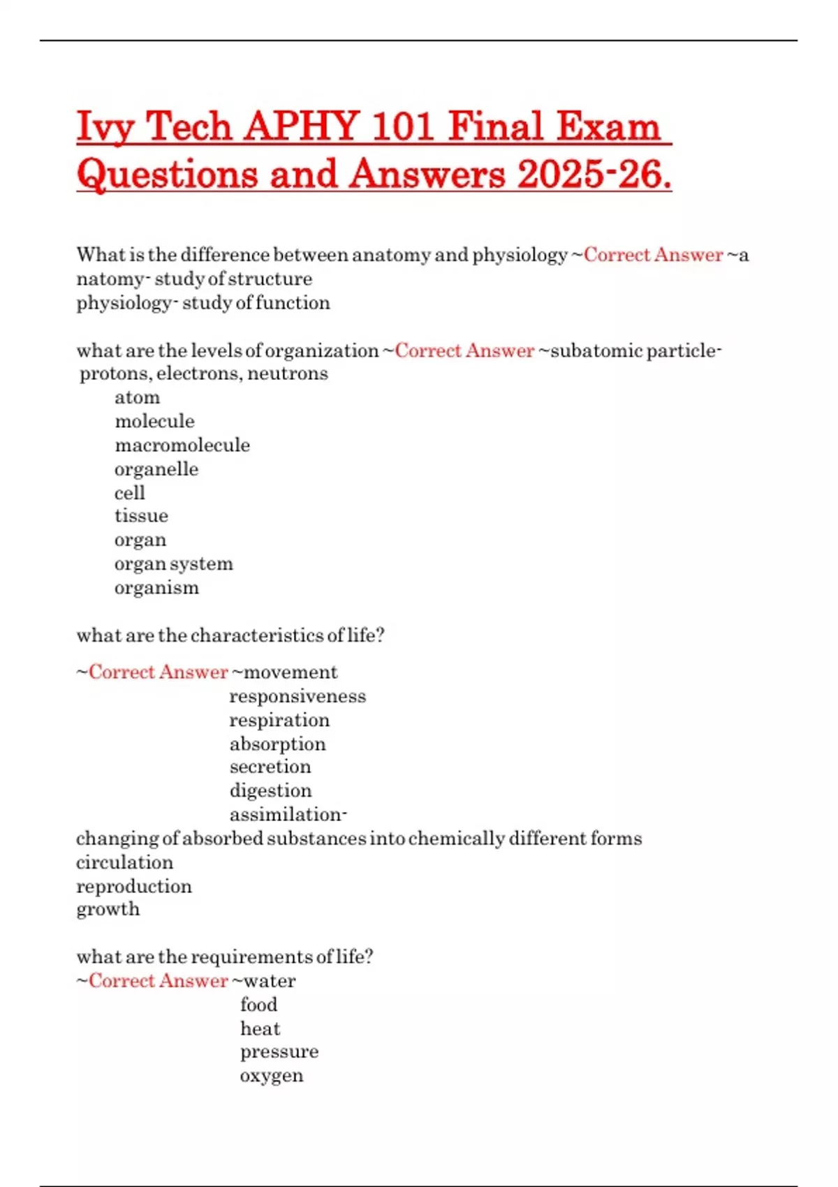 Ivy Tech APHY 101 Final Exam Questions and Answers 2025-26 - Anatomy ...
